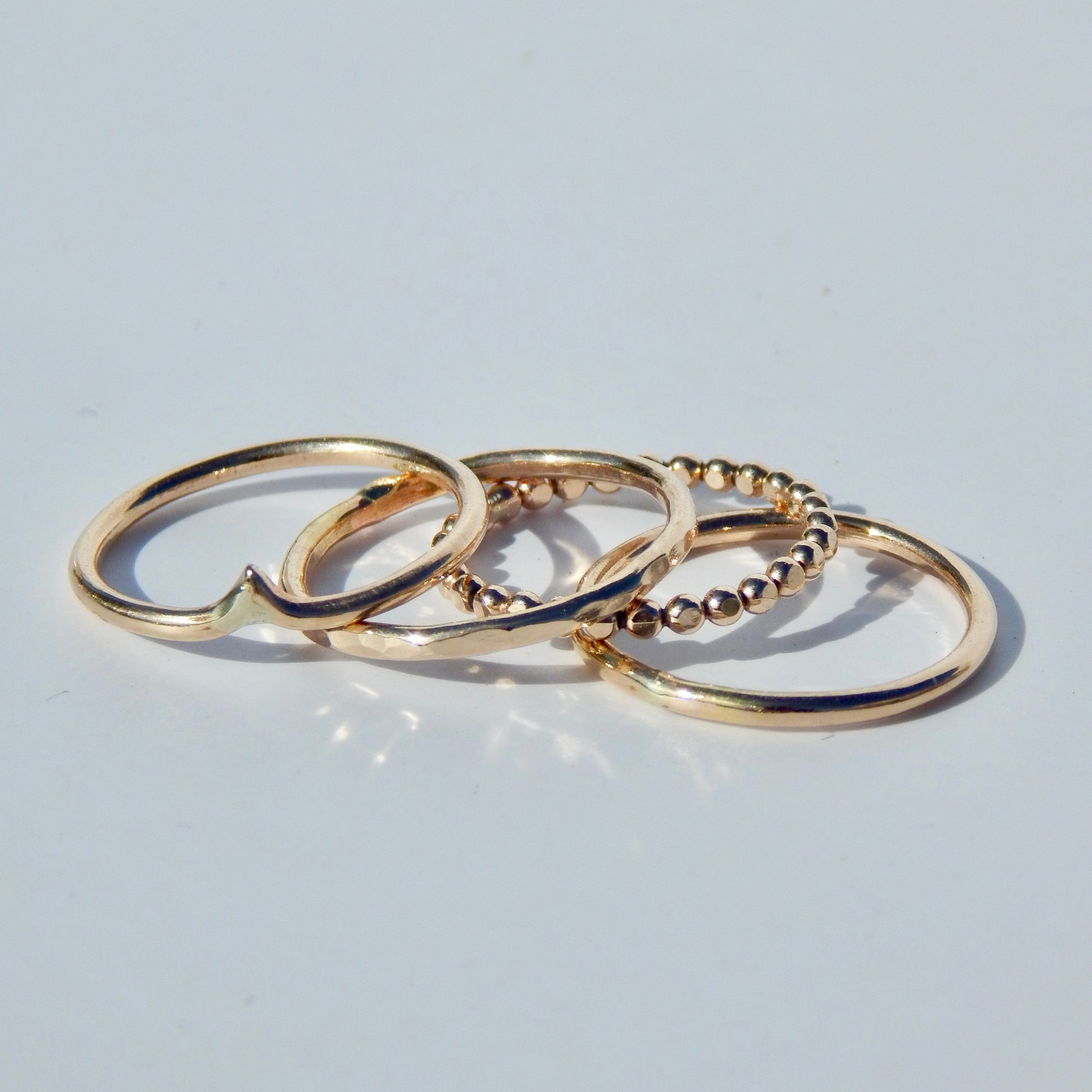 Set of Four 14k Gold Fill Stacking Rings - Chevron, Medallion, Hammere